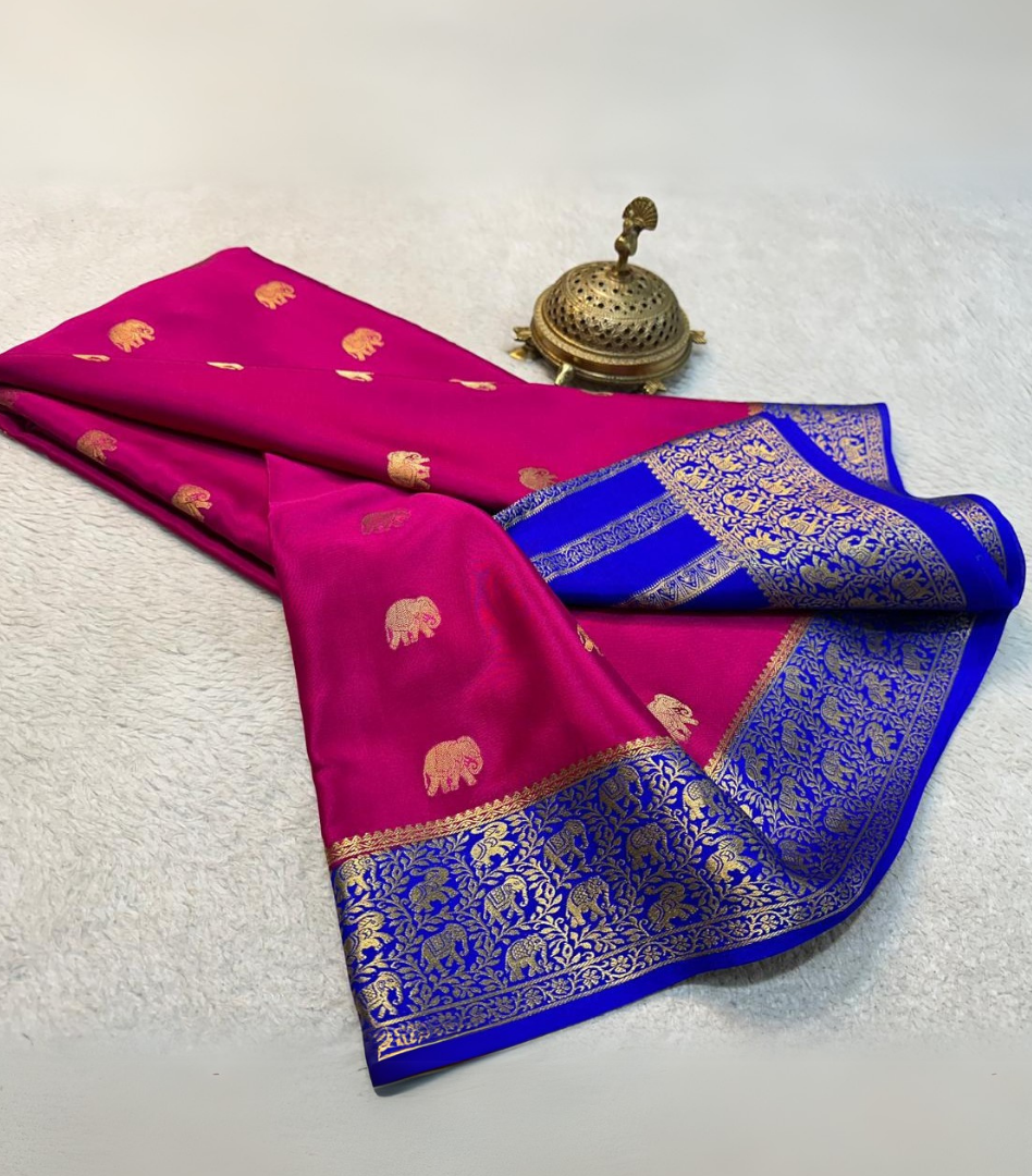 Rani Color Mysore Crape Silk Saree butta with Rich pallu & contrast bl